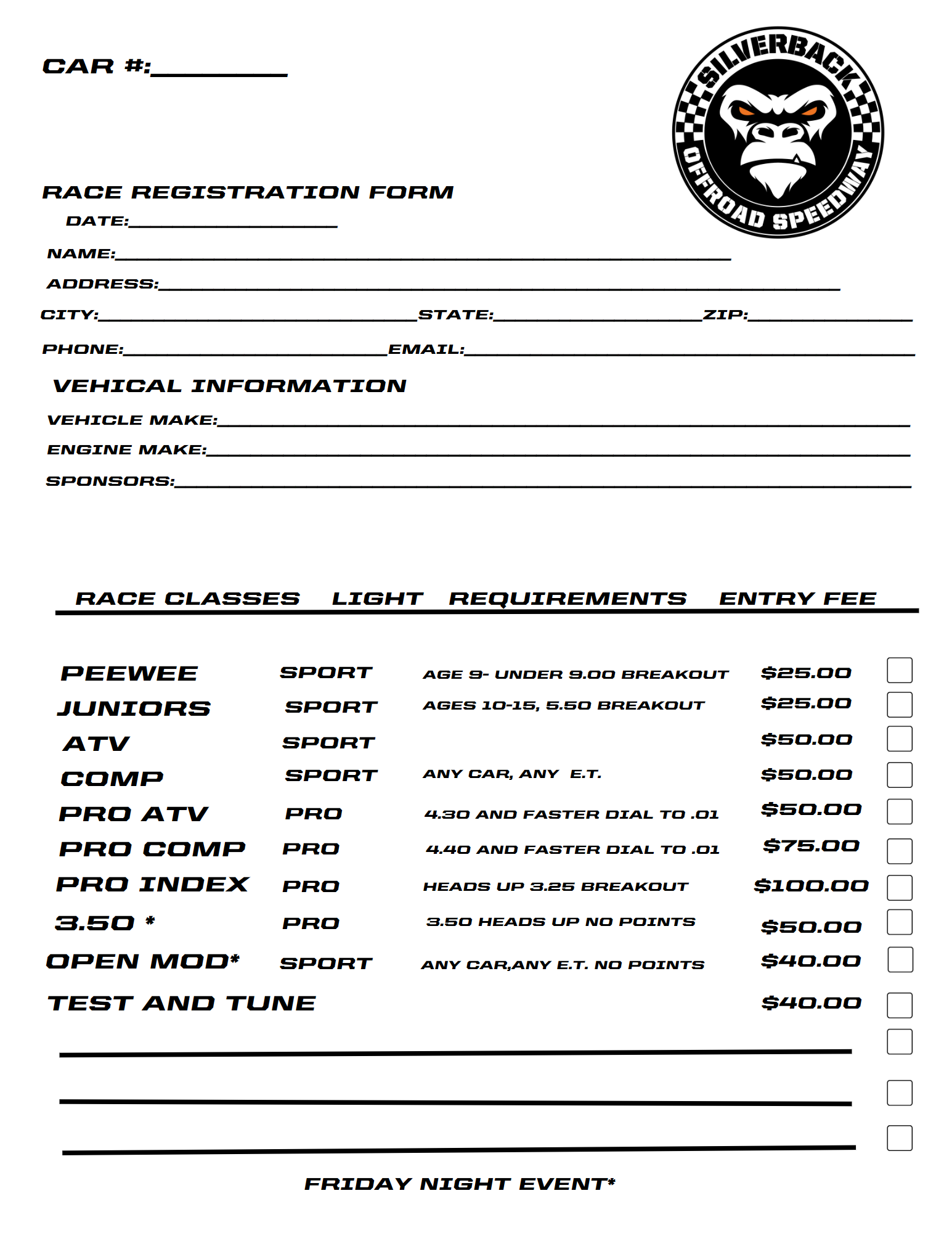 Registration forms – Silverback Speedway